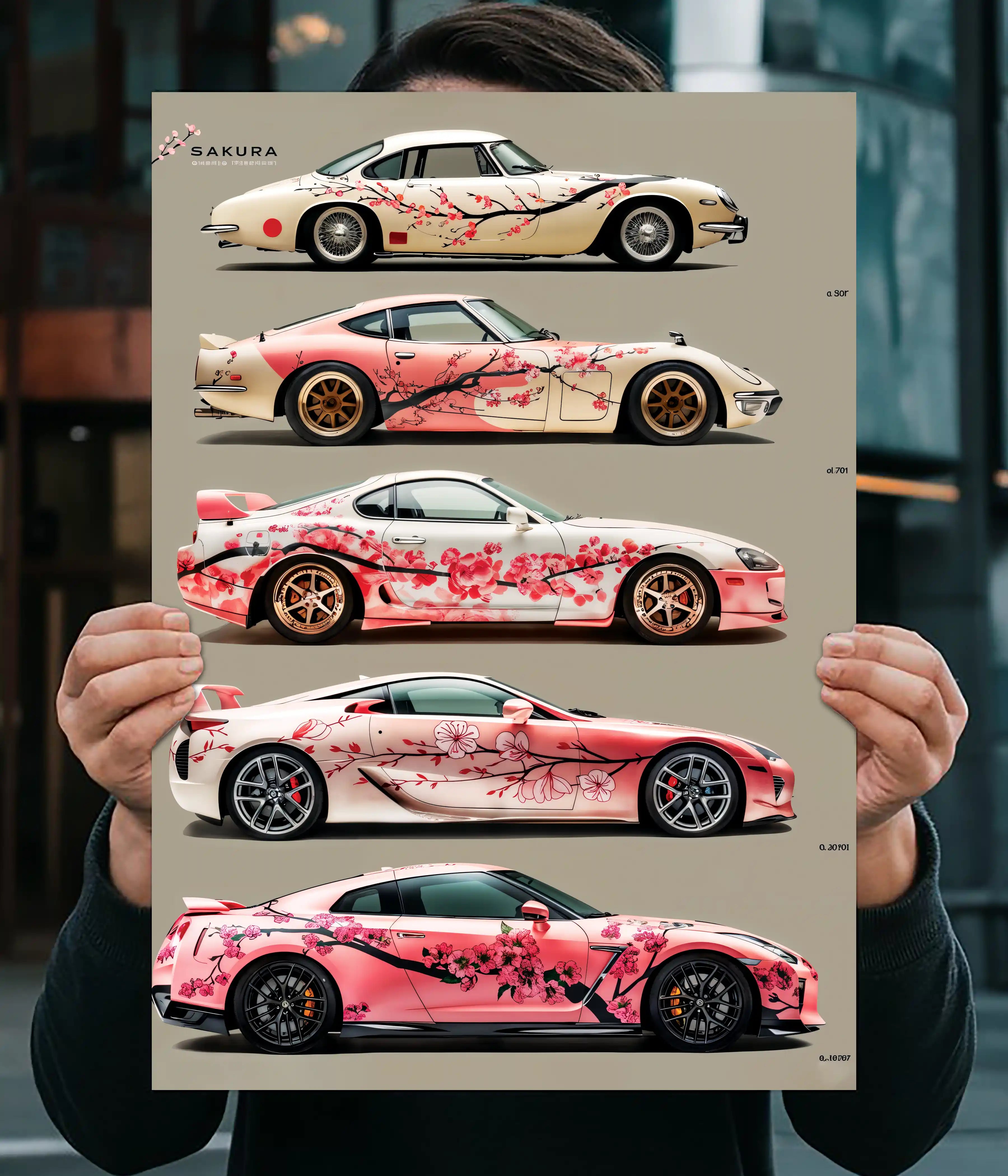 Sakura Cars Poster | Japanese Blossom Car Wall Art | Everanta